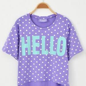 Hello Printed Letter T-shirt Purple on Luulla