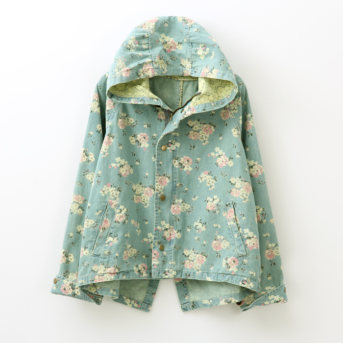 Vintage Roses Hooded Denim Jacket Coat on Luulla