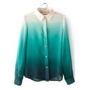 Gradient Color White Green Blue Chiffon Shirt Fashion Blouse on Luulla
