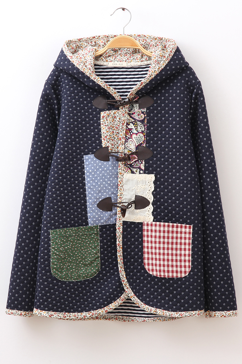 Japanese Fashion Winter Dot Patch Pocket Horn Button Hooded Jackets Dark Blue on Luulla